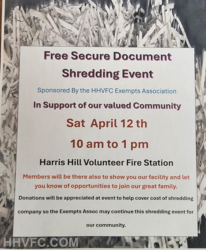 Free Secure Document Shredding Event - Harris Hill Volunteer Fire Company